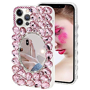 Crystal Mirror Case for iPhone 13 Pro,Luxury Sparkle Bling 3D Diamond Rhinestone Phone Case Women Girls Makeup MOIKY Clear Slim Shockproof TPU Bumper Protective Cover for iPhone 13 Pro(Pink)