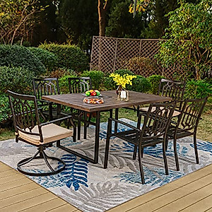 HERA'S HOUSE Patio Dining Table, 64" x 38" Rectangular E-Coating and Powder Coating Wood Look Metal Outdoor Dining Table with 2" Umbrella Hole for Lawn Garden Backyard