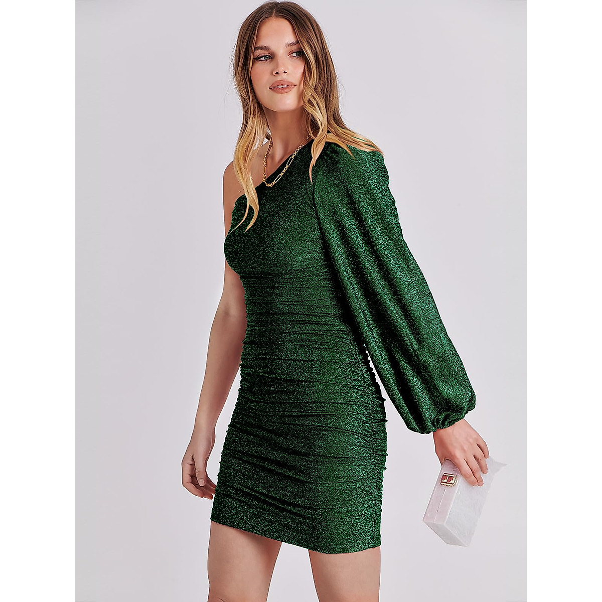 ANRABESS Women's One Shoulder Cocktail Short Dress Glitter Sexy Ruched Bodycon Party Prom Formal Mini Dress for Date Club Nights 963molv-L Green