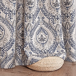 jinchan Linen Textured Curtains for Living Room Darkening 108 Inches Long, Medallion Drapes for Bedroom, Damask Pattern Window Treatments Vintage Curtain Panels, 2 Panels Blue on Griege