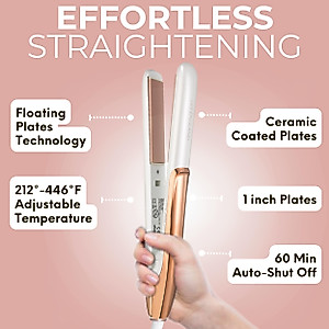 Lily England Hair Straightener and Curler, Adjustable Temperature, Dual Voltage 1 Inch Ceramic Rose Gold Flat Iron, Hair Straightener Curling Iron in One