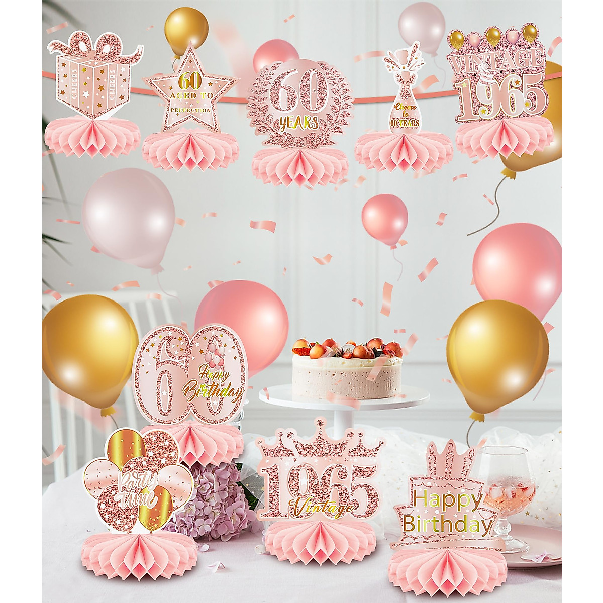 9 Pcs 60th Birthday Decoration for Women Happy 60th Birthday Table Honeycomb Decorations Rose Gold Pink Centerpieces Tables Toppers1965 Decor Cheers to 60 Years Old Birthday Party Favors