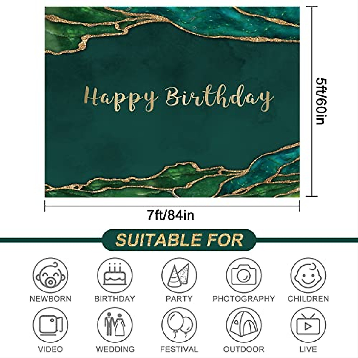 Rsuuinu Happy Birthday Backdrop Emerald Green and Gold Glitter Photography Background Birthday Party Banner for Women Man Cake Table Decor Favors Portrait Photo Studio Photobooth Props Supplies 7x5ft