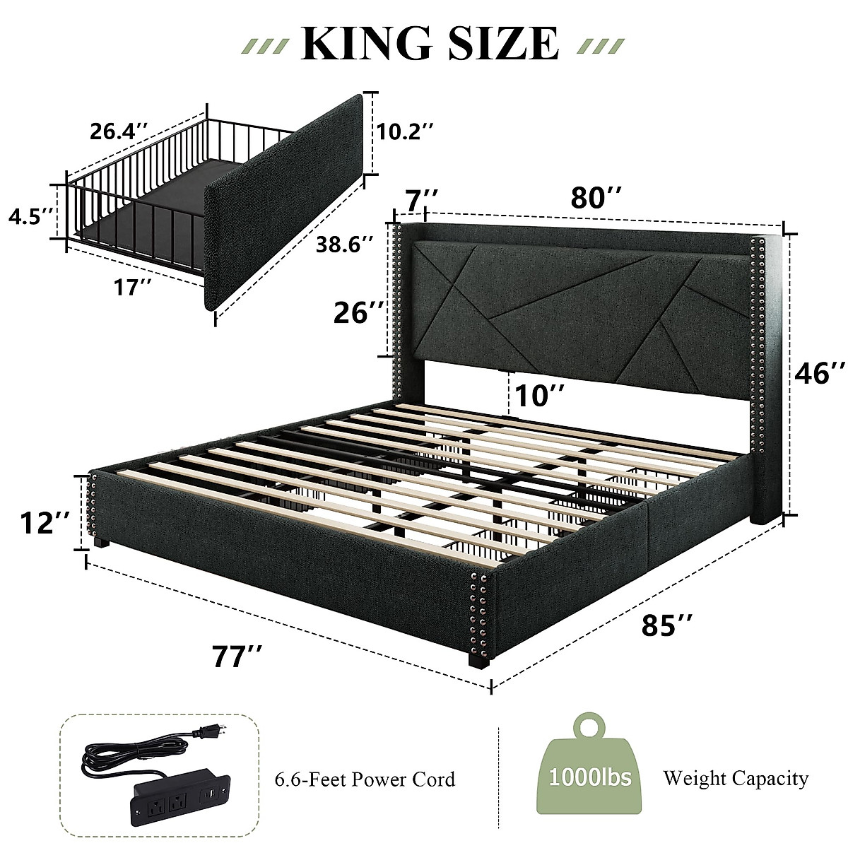 Feonase King Size Bed Frame with 4 Storage Drawers, Upholstered Platform Bed Frame with Charging Station & Wingback Headboard, Solid Wood Slats Support, No Box Spring Needed, Noise-Free, Dark Gray