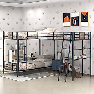 DEYOBED Twin Over Twin Metal L-Shaped Triple Bed Bunk Bed with Twin Size Loft Bed, Desk and Shelf for Kids Teens Adults