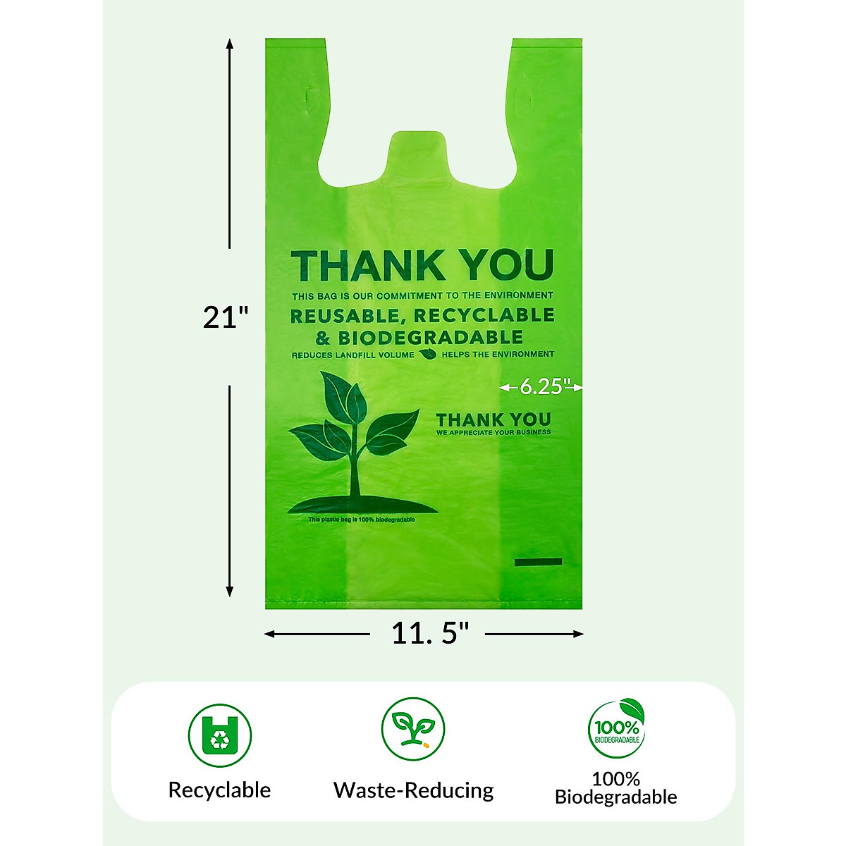 UMT Plastar 100 Count Recyclable Compostable 100% Biodegradable T-Shirt Bags, Eco-Friendly Grocery Shopping Bags, 11.5" x 6.25" x 21", 16 Mic