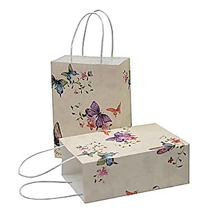 30pcs Gift Bags Kraft Paper Bags with Handle 10.62 x8.26x4.33 inches Party Favor Bags for Baby Shower Kids Birthday Wedding Xmas Party Supplies Restaurant takeouts, and Store Owners (Pack of 30), Beige(Flower )