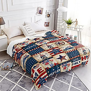 Patriotic Gnome Blanket USA Flag Throw Blankets Retro Plaid Soft Flannel Fleece Comfort Blanket, Check American Theme 4th of July Cozy Warm Bed Cover for Sofa Couch Chair 40x50In