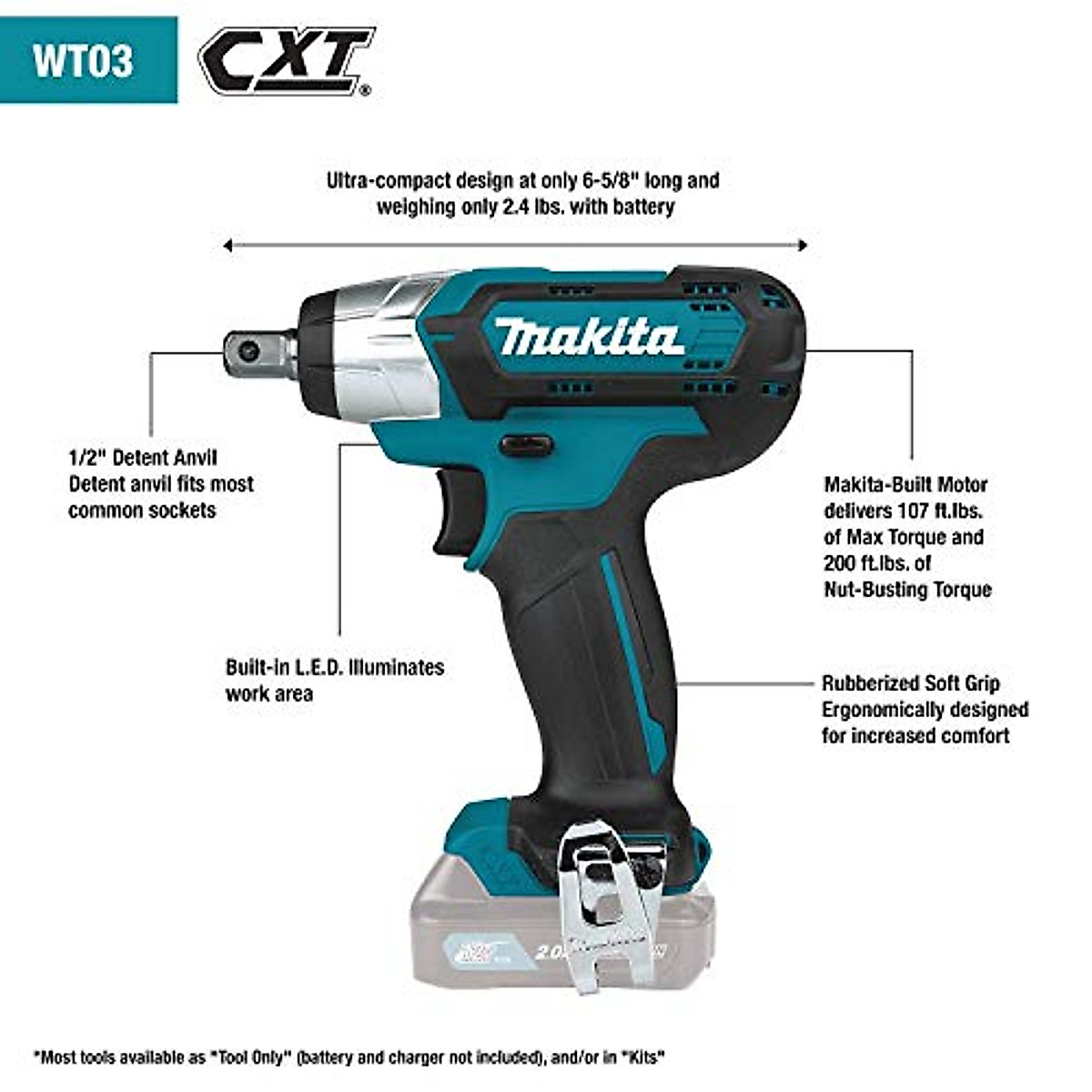Makita WT03Z 12V max CXT® Lithium-Ion Cordless 1/2" Sq. Drive Impact Wrench, Tool Only