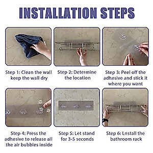 Adhesive Shower Shelves with 6 Hooks,Shower Caddy Wall Mounted Shampoo Holder,No Drilling Rustproof SUS 304 Stainless Steel Bathroom Shower Organizer Storage for Bathroom ,Toilet and Kitchen -2 Pack