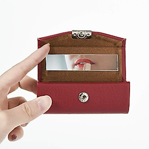 Beautyflier Women’s PU Leather Lipstick Case Holder with Mirror Rectangle Makeup Travel Cases for Purse Lipstick Holder (Red Lychee Pattern)