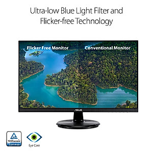 ASUS 23.8” 1080P Monitor (VZ24EHE) - Full HD, IPS, 75Hz, 1ms, Adaptive-Sync/FreeSync, Low Blue Light, Flicker Free, Ultra-Slim, VESA Mountable, Frameless, HDMI, VGA (Renewed)