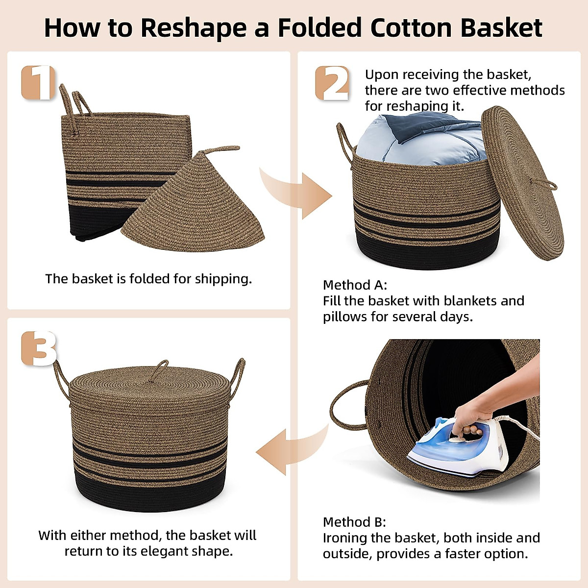 ORGMASTER Laundry Basket with Lid, Woven Cotton Rope Laundry Hamper Foldable Storage Organizer Bin Blanket Basket for Comforter, Cushions, Clothes, Pillows, 20.5x20.5x15 Inch, Deep Brown/Black