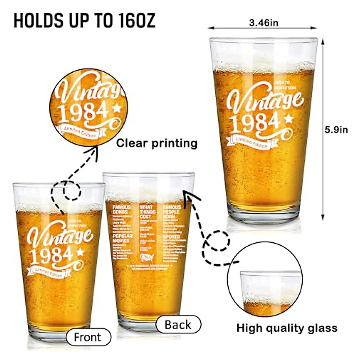 Vintage 1984 Old Time Information 40th Birthday Gifts for Men Women Beer Glass Funny 40 Year Old Presents - 16 oz Pint Glasses Party Decorations Supplies-40 Year Old Birthday Party Decorations