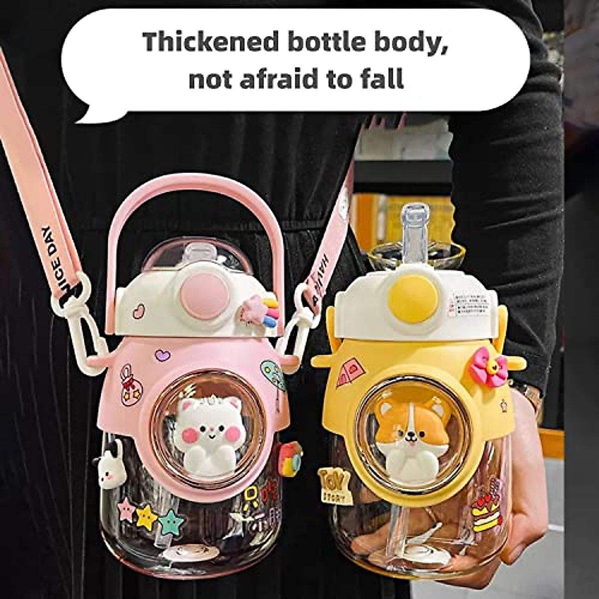 LEJN Kawaii Water Bottle with Adjustable Shoulder Strap Portable Leakproof BPA-free Cartoon Children Cup Capsule Bottle Traveling Hiking (Pink820ml)