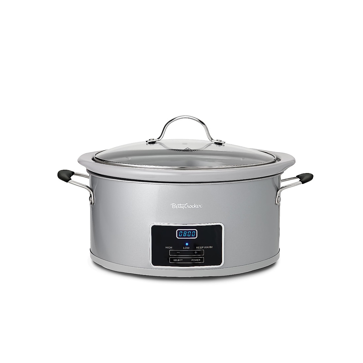 Betty Crocker 6-Quart Oval Digital Slow Cooker, Programmable Crock Pot Up to 20 Hours, Electric Cooking Pot with LCD Digital Display, Removable Stoneware Crock Liner, Betty Crocker Cookbook,Silver