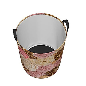 Pink White Gold Flowers Round Laundry Basket Toy Storage Basket, Storage Bin With Handle, Suitable For Bedroom, Toys, Boys, Girls, Toy Room