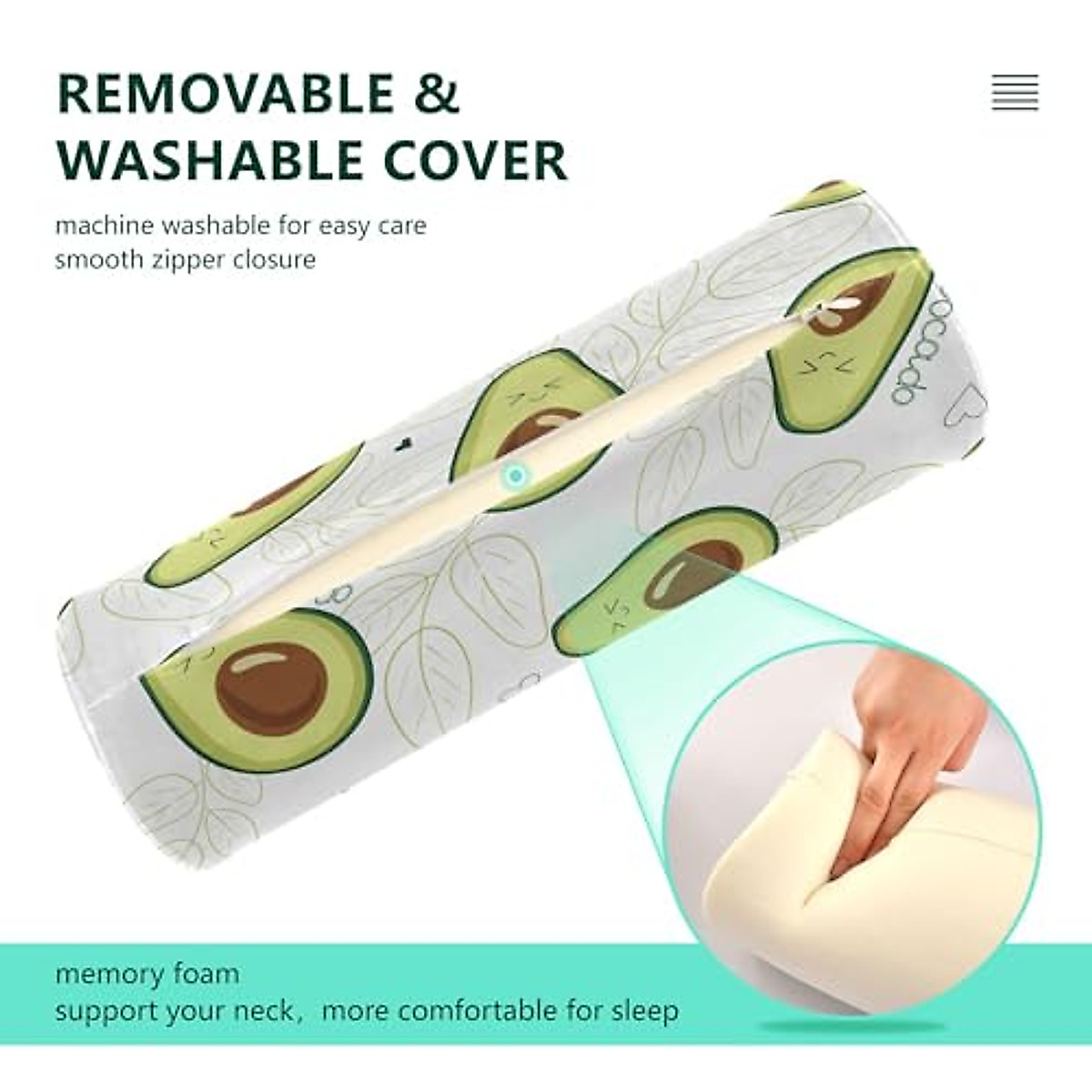 xigua Kawaii Avocado Neck Roll Pillow for Neck Relief with Removable Washable Cover - Memory Foam Round Cylinder Bolster, Ergonomically Designed for Head, Neck, Back, and Legs