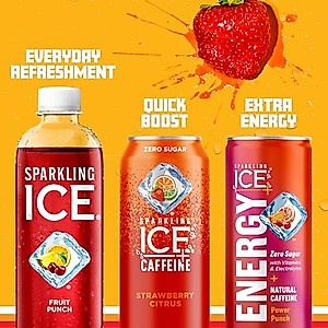 Sparkling Ice +Caffeine Strawberry Citrus Sparkling Water, with Antioxidants and Vitamins, Zero Sugar, 16 fl oz Cans (Pack Of 12)