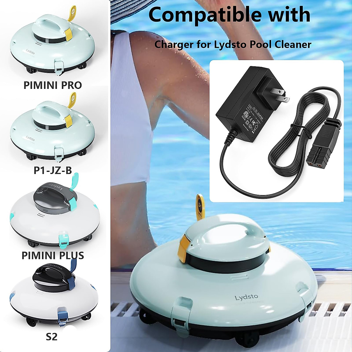12.6V Charger for Lydsto Robotic Pool Cleaner Compatible with Lydsto P1-JZ-B P1 MINI-FH01 S2 YM-S2-01 YMS201 YMS203 Automatic Robotic Pool Vacuum Cleaner Power Adapter