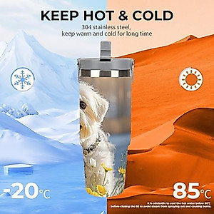 WITHSBKK 30oz Car Cup Maltese Dog Printed with Portable, Stainless Steel Travel Mug, Vacuum Insulated Tumbler And Straw, Leakproof for Car & Outdoor, UV Printed Design