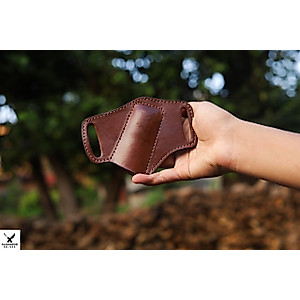 Handmade Leather Sheath for Pocket Knives, Slanted Pancake/Tooled/Belt/Trapper Style, TAN, 100% Real Leather (Brown)