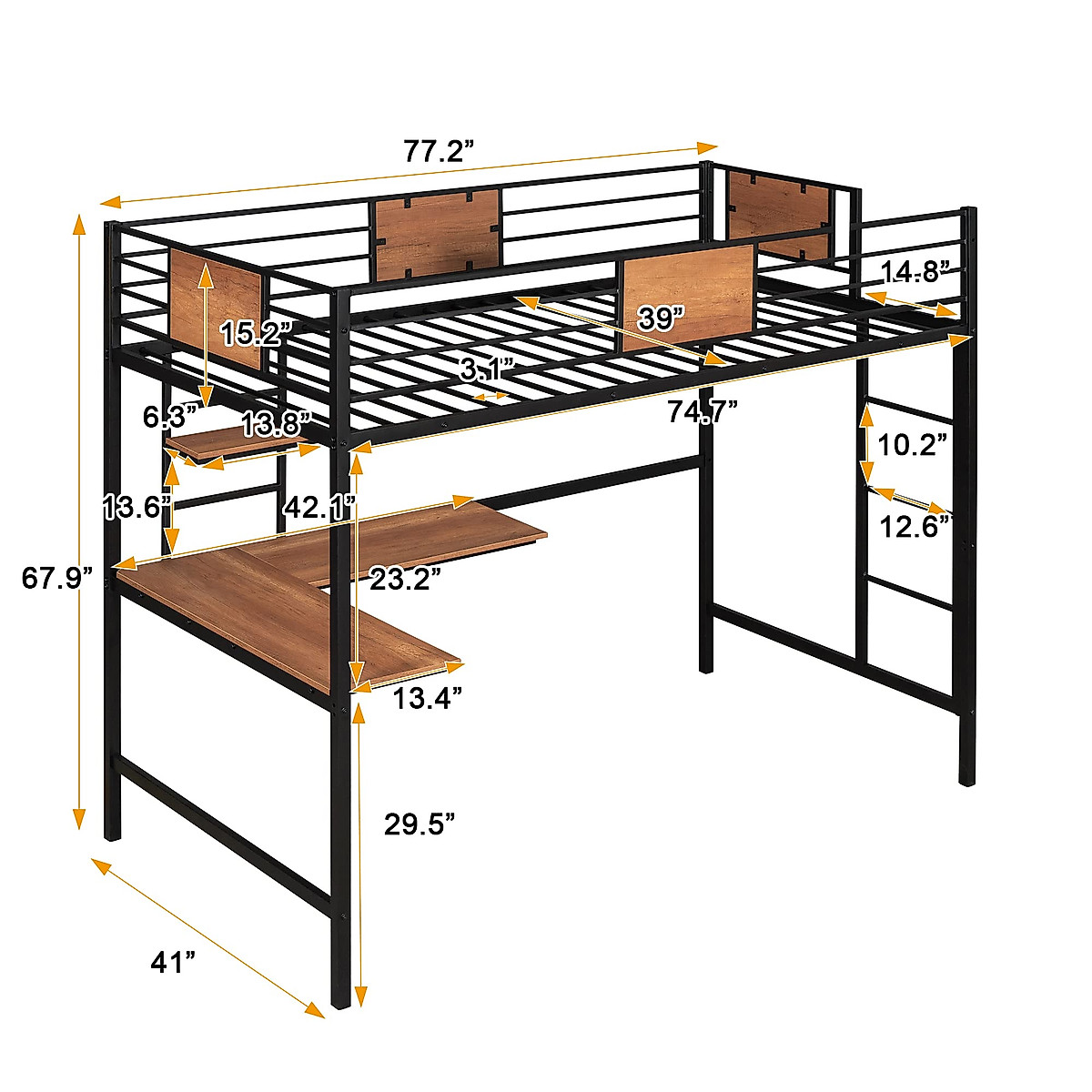 GINGVAT Twin Size Metal Loft Bed with L-Shaped Desk and Shelves,Metal Loft Bed Built-in Ladder and Guardrail,for Bedroom,Apartment,Dorm,Black