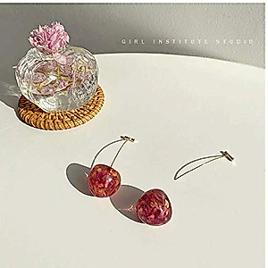 3D Dried Flower Red Cherry Drop Dangle Earrings Sweet Cute Stereo Fruit Jewelry for Women (Red)