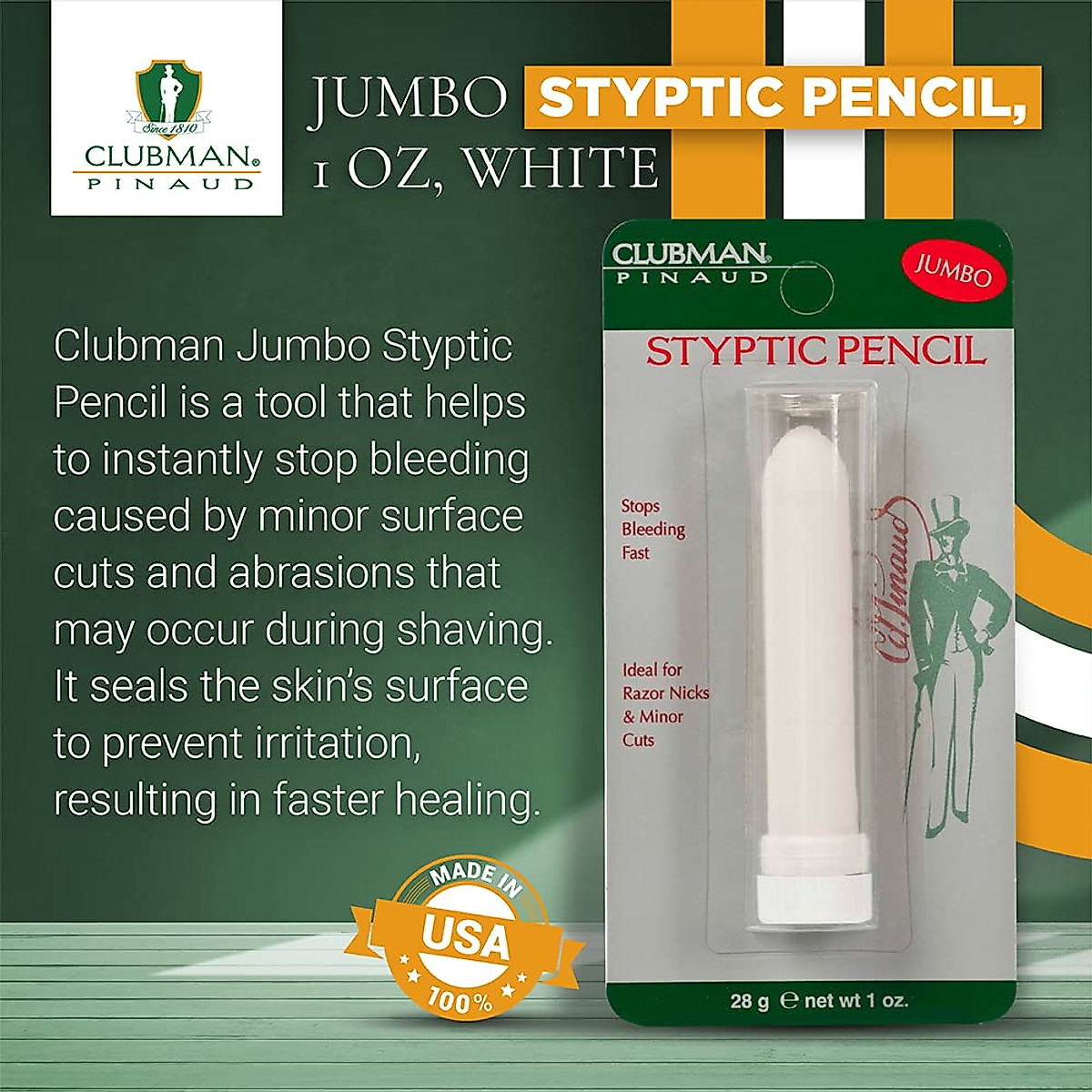 Clubman Jumbo Styptic Pencil, Treat and Seal Shaving Cuts Instantly, Anti-hemorrhaging Stick, First Aid Device, White, 1 oz