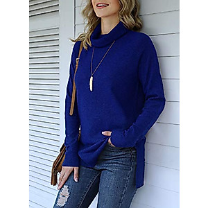 HWOKEFEIYU Womens Turtleneck Sweaters Long Sleeve Side Split Pullover Loose Knit Jumper(Royal Blue,X-Large)