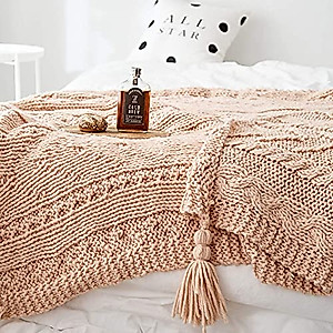Pink Acrylic Knit Boho Throw Blanket with Tassels (51x63 inch) MH MYLUNE HOME Handmade Farmhouse Cozy Decorative Blanket for Couch, Bed, Sofa