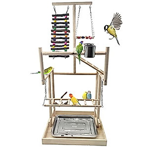 Hamiledyi Large Bird Playground 4 Layers Pet Parrot Playstand Gym Perch Wood Playpen for Parakeets Lovebirds Conure Cockatiel Cockatoos Finch Budgies or Other Small and Medium-Sized Birds