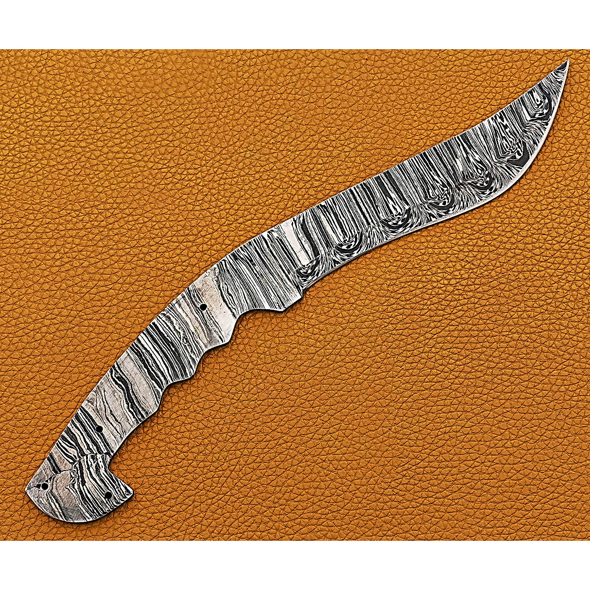 11 inches Long Dao Blade Hunting Knife, Hand Forged Ladder Pattern Damascus Steel Blade, 5" Finger Serration Scale Space with 4 Pin Hole, 6" Trailing Point Dao Blade with 5.5" Cutting Edge