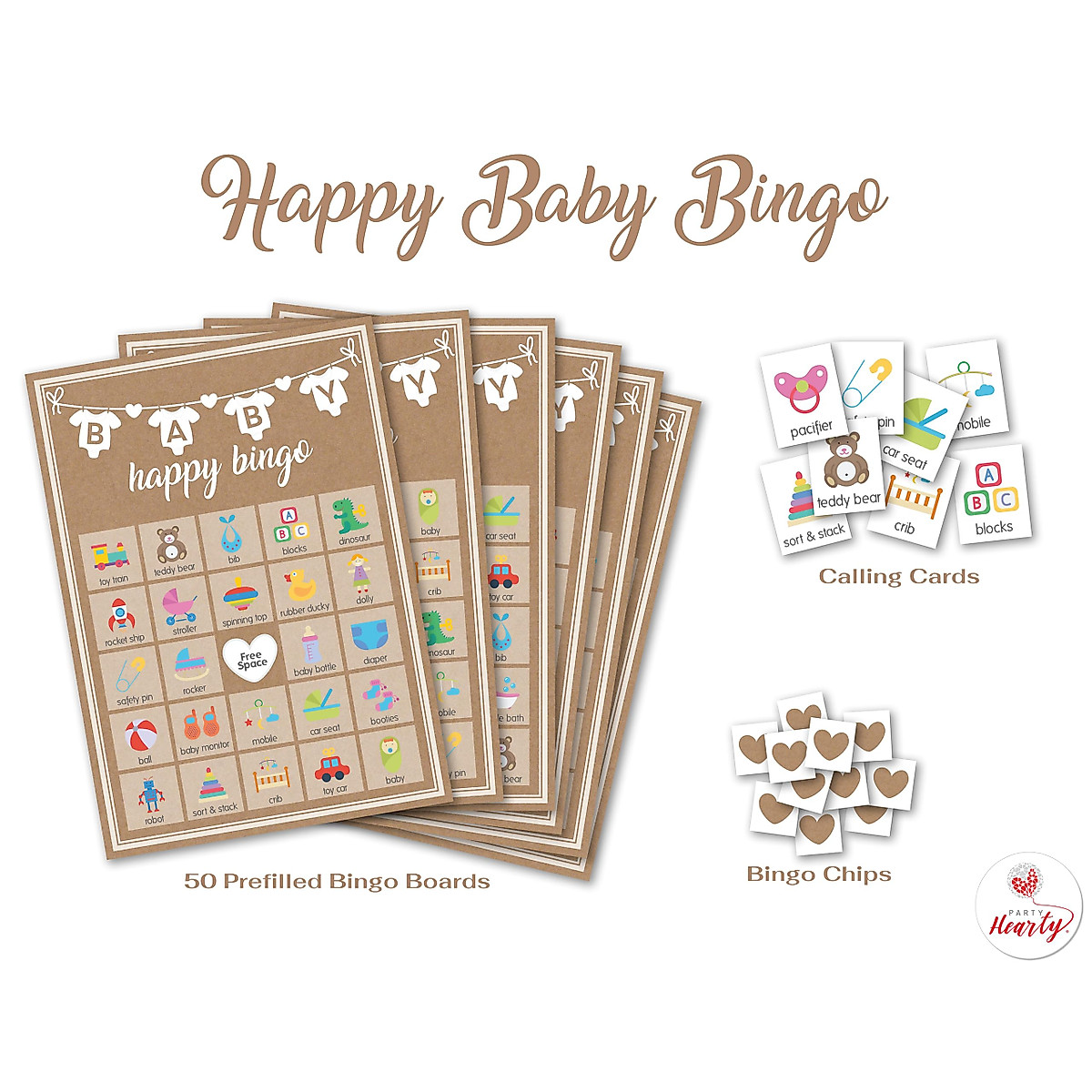 Party Hearty Baby Shower Games for Girl or Boy, 250 pcs 5 Games Activities Cards, Funny Baby Shower Games, Gender Neutral, Baby Shower Ideas