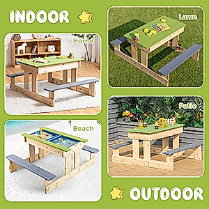 Costzon Kids Picnic Table, 3 in 1 Multipurpose Sand & Water Table w/Removable Top & 2 Storage Boxes, Wooden Construction, Bench Set for Indoor & Outdoor, Patio, Yard, Activity Play Table (Natural)