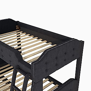 DEYOBED Twin Over Full Velvet Upholstered Bunk Bed with Trundle and Ladder, Tufted Button Design Wooden Bed Frame for Kids Teens Bedroom, Space Saving, Black