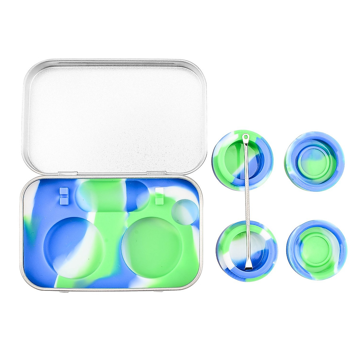 Bynhieo portable tin box 2-5ml silicone container jars wax carrying case with Silicone Mat Pad 5.5 X 4.5inch extra stainless steel spoons