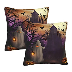 SHIRMDIY Ghost Pumpkin Moon Square Throw Pillow Covers 2 Packs, Halloween Castle Decorative Couch Pillowcase with Hidden Zipper, 16x16 Inch Double Side Print Throws Cushion Cover for Bed Sofa