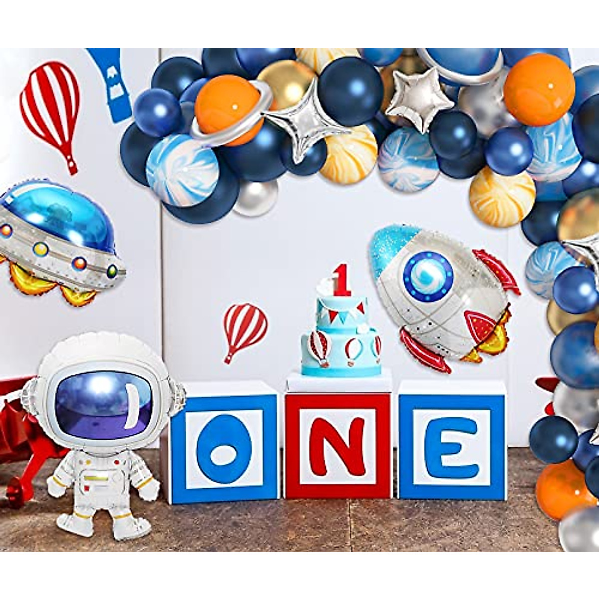 Ouddy Party 112PCS Outer Space Party Decorations Balloon Garland Kit, Space Birthday Party Supplies UFO Rocket Astronaut Navy Blue Silver Foil Latex Balloons for Boys Kids