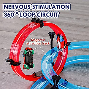 INSGEN Slot Car Race Track Sets for Kids, Hot Wheels Magnetic Attraction Track Builder, Electric Remote Control Track Car Birthday Toys for Boys Kids Age 6 7 8-12