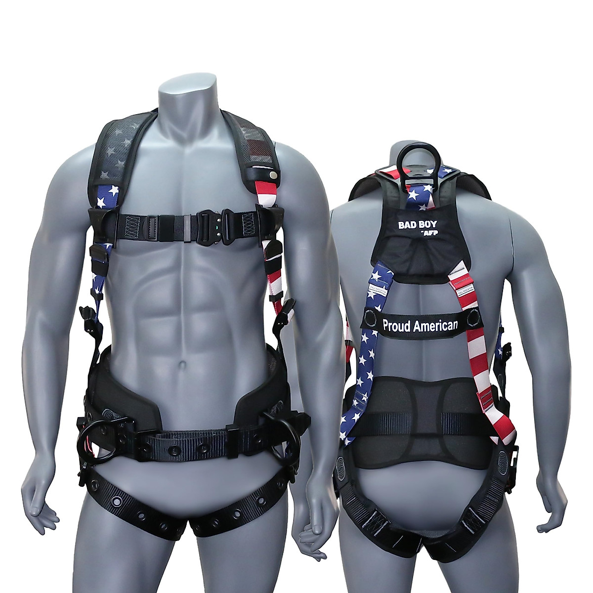 AFP Fall Protection Full-Body Premium American Flag Safety Harness, Vented & Padded Shoulder, Legs & Back, 8” Thick Back Support Belt, Aluminum D-Rings, Tongue Buckle, Quick Release (OSHA/ANSI PPE)