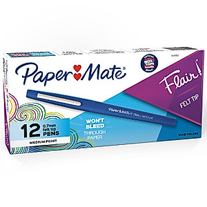 Paper Mate Flair Felt Tip Pens, Medium Point (0.7mm), Blue, 12 Count