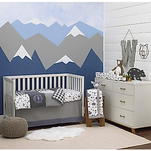 NoJo Mountain Patchwork - Grey, Denim, Slate Blue, Charcoal 4 Piece Nursery Crib Bedding Set- Comforter, 100% Cotton Fitted Crib Sheet, Dust Ruffle, Baby Blanket