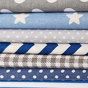 Gnognauq 7pcs Cotton Quilting Fabric, Blue Grey Fat Quarter Fabric Bundles Printed Patchwork Squares Polka Dot Wave Striped Gingham Fabric for Sewing DIY Crafts, 18 x 22 inches
