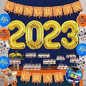2023 Graduation Decorations Orange Blue, Congrats Grad Banner 2023 Gold Foil Number Balloons Paper Fans lanterns Pom Poms Flowers for Class of 2023 Grad Party Supplies University College Decor