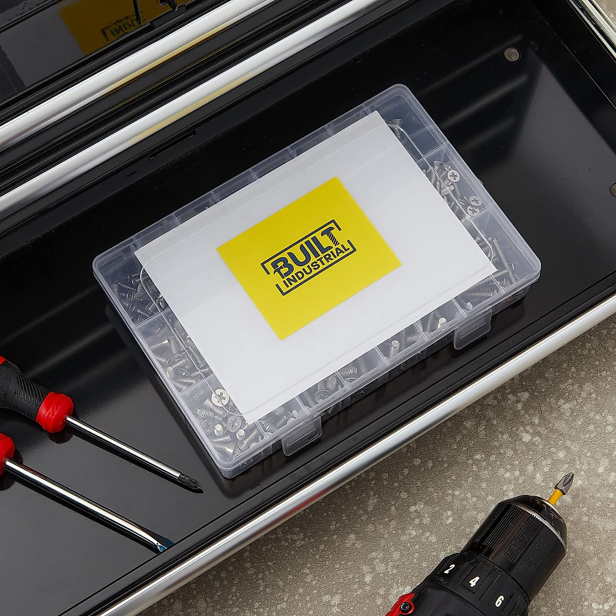 Built Industrial 400 Piece Machine Screw Assortment Kit, 304 Stainless Steel Flathead Set with #2 Phillips Driver Bit and Storage Case, 6-32, 8-32, and #10-24 Screws