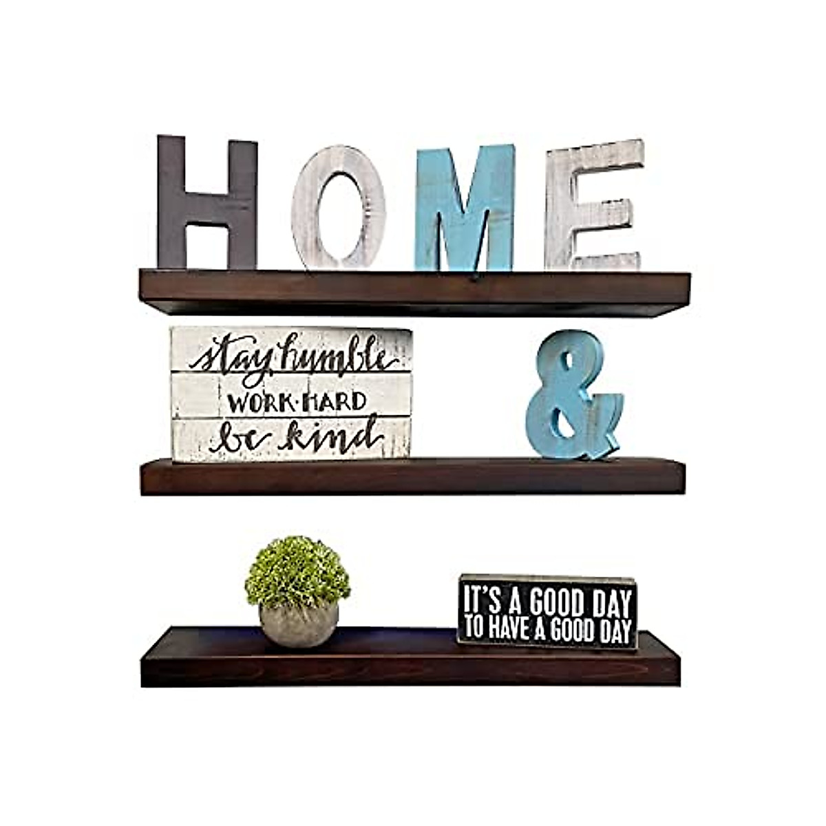 Mark One Home Goods Rustic Farmhouse 3 Tier Justified Floating Wood Shelf - Floating Wall Shelves (Set of 3), Hardware and Fasteners Included (Dark Walnut, 16")