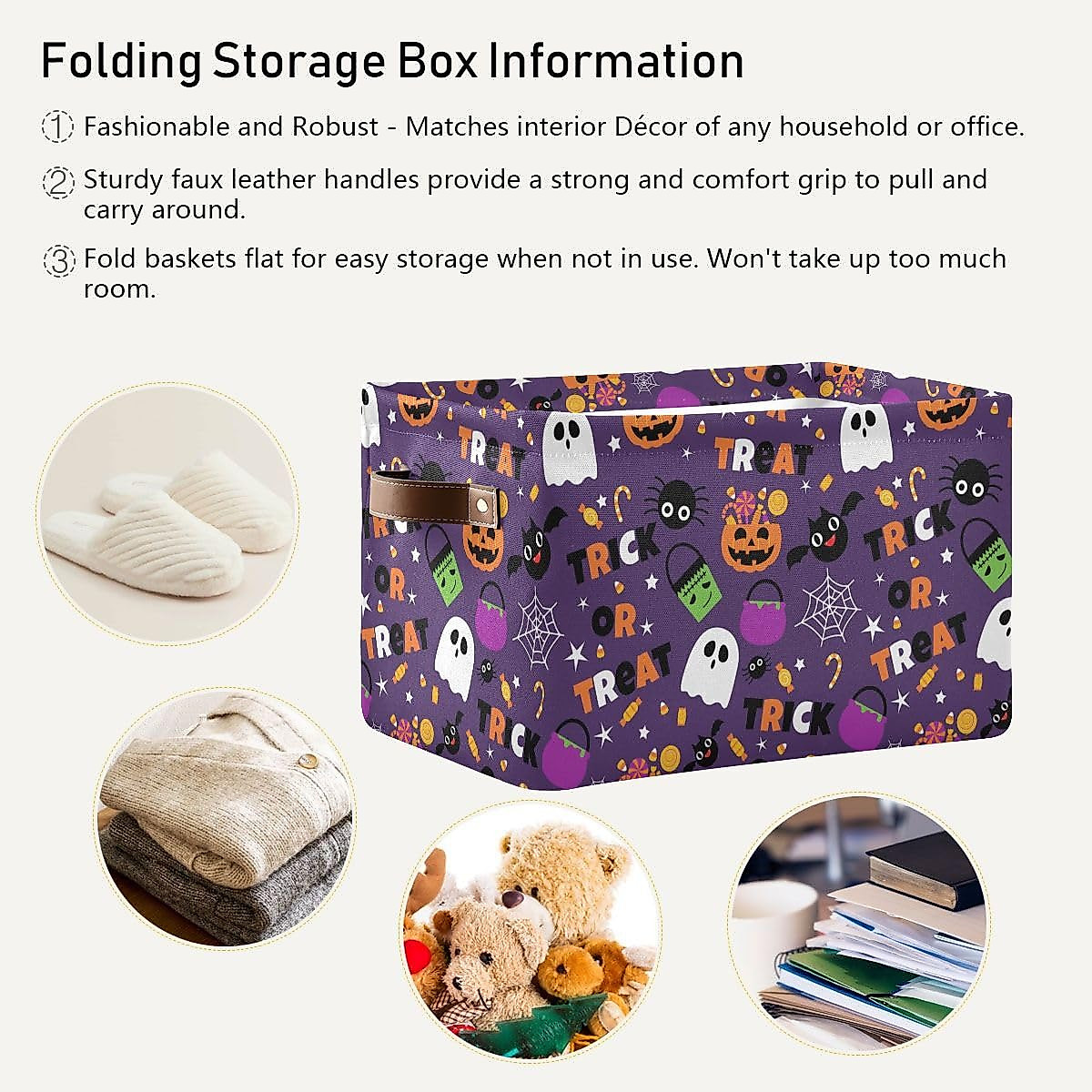Happy Halloween Purple Storage Basket Fabric Kitchen Baskets Pumpkin Skull Ghost Bat Trick or Treat Open Home Storage Bins Boxes Foldable for Candy Toy Decorations Baskets 16×12×8 Inches