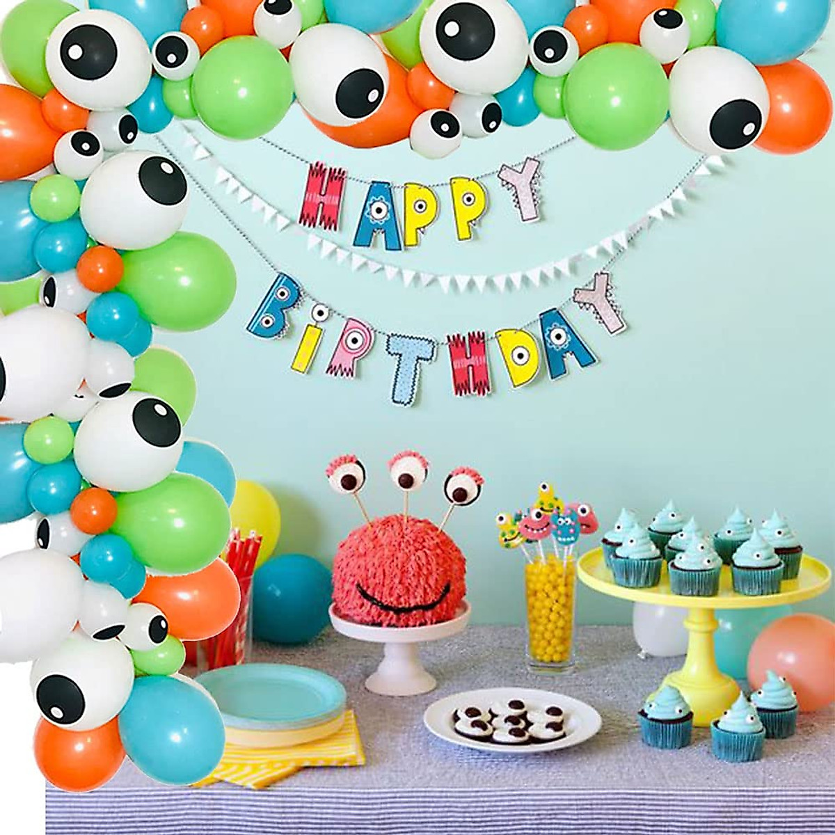 Monster Balloon Garland Arch Kit, 110pcs Eyeball Balloons, Orange, Caribbean Blue, Lime Latex Balloon Arch for Kids Monster Themed Birthday,Little Monster Birthday, Little Monster is Turning One
