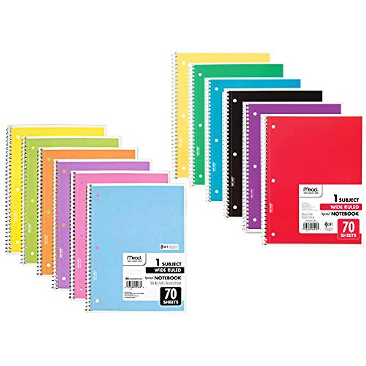 Mead Wide Ruled Spiral Notebooks, Bulk Pack of 12 Colors - 1-Subject Spiral Notebooks Wide Ruled - 70 Pages - Cute Single Subject Notebook Wide Ruled for Adult & Kids - School & Office Use.
